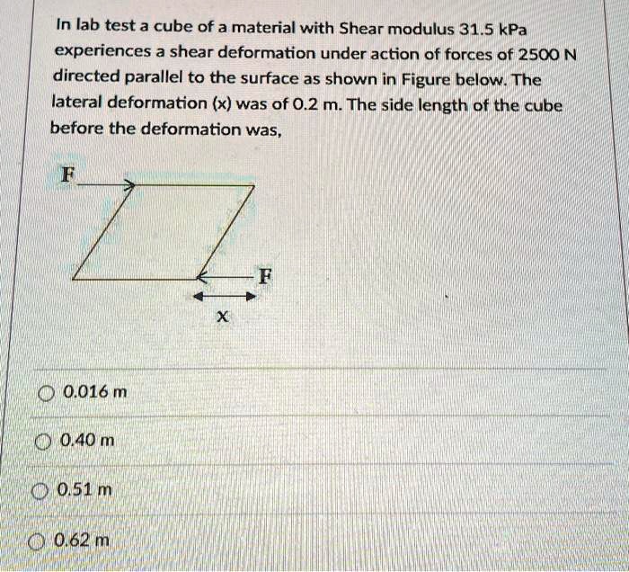 SOLVED:In lab test a cube of a material with Shear modulus 31.5 kPa ...