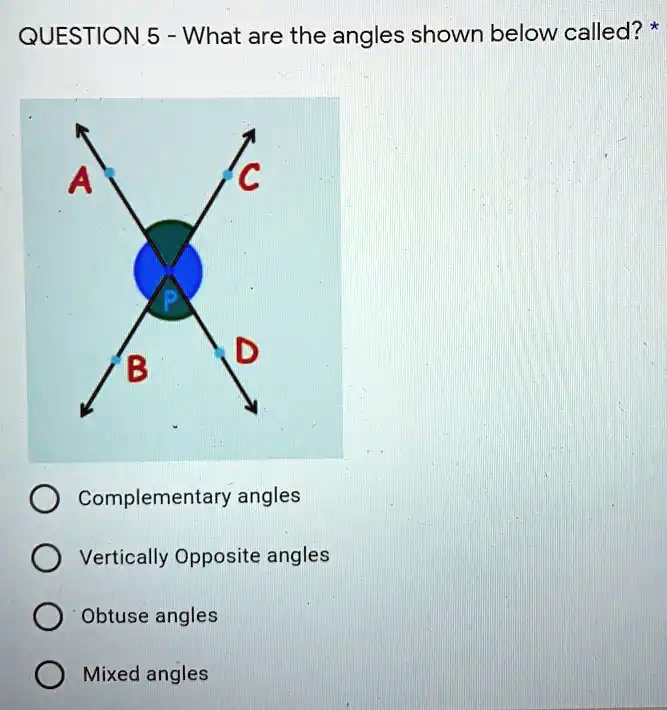 QUESTION 5 - What are the angles shown below called? * A C P D B Complementary angles Vertically ...