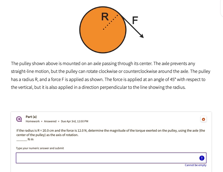 the pulley shown above is mounted on an axle passing through its center ...