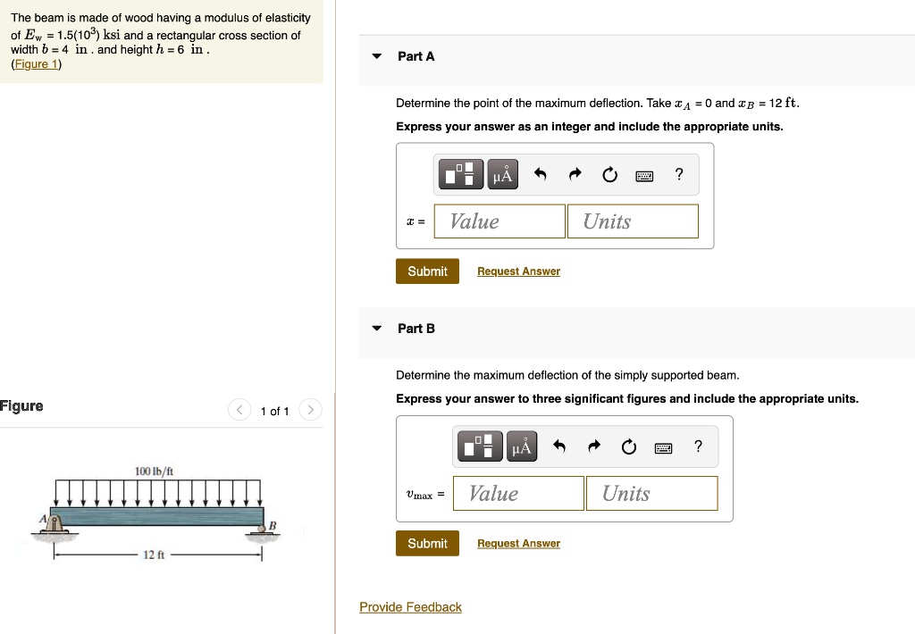 SOLVED: The beam is made of wood having a modulus of elasticity of Ex = 5(10^6) ksi and a ...