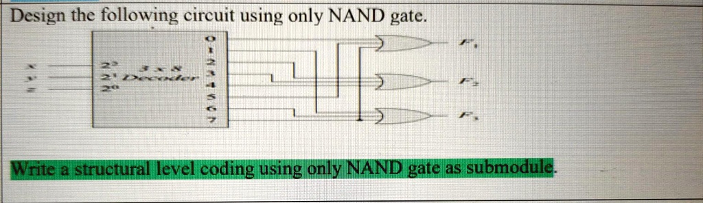 Design the following circuit using only NAND gate. Decod F F F Write a structural level coding ...