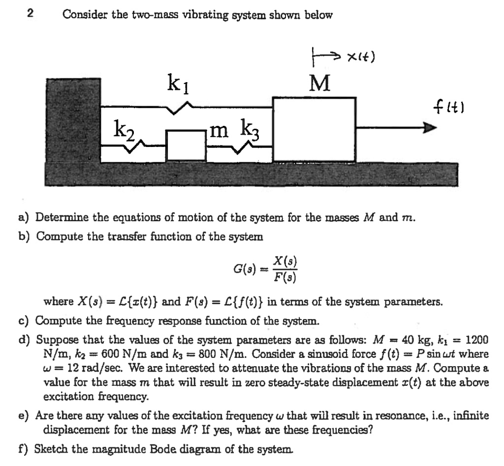 SOLVED: 2 Consider the two-mass vibrating system shown below > X(t) K1 M a) Determine the ...