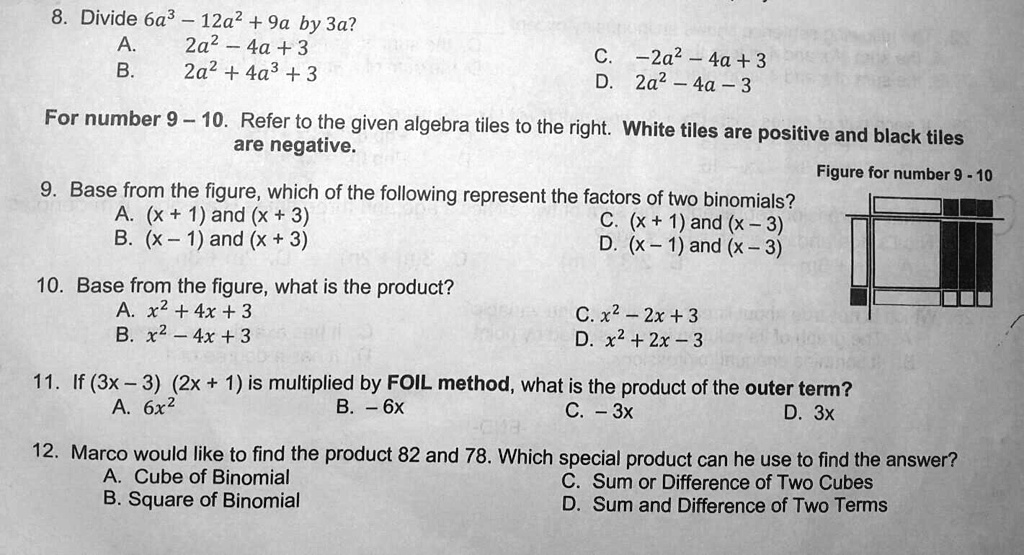 SOLVED: PLS I NEED HELP plsplspls 8. Divide 6a^3 + 12a^2 + 9a by 3a ...