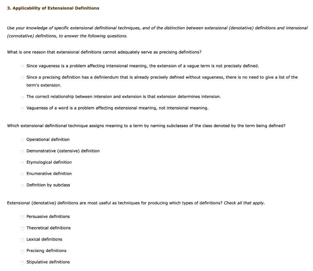 SOLVED: 3. Applicability of Extensional Definitions Use your knowledge ...