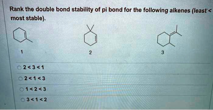 SOLVED: Rank the double bond stability of pi bond for the following ...