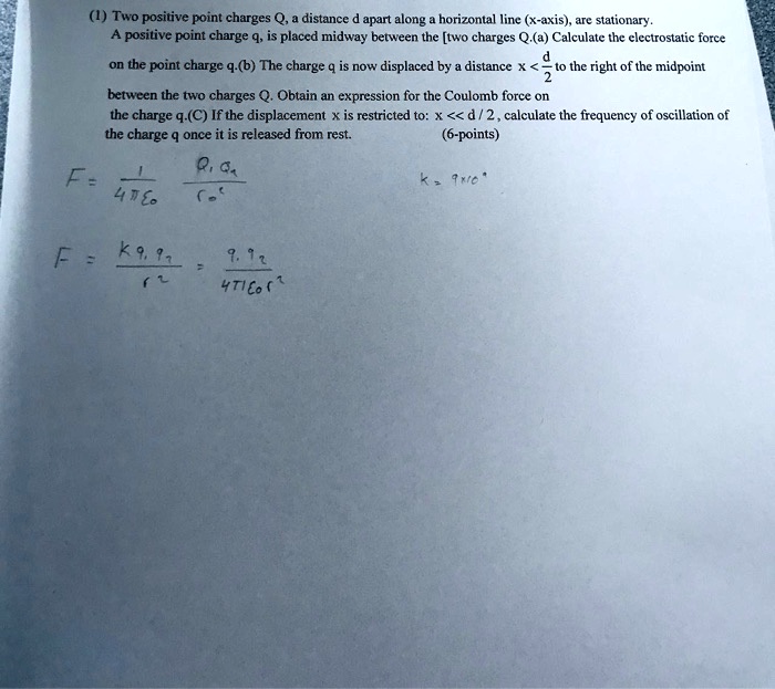 SOLVED: Two positive point charges Q, a distance d apart along a horizontal line (x-axis), are ...