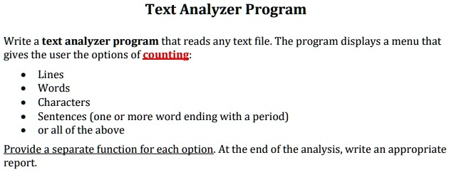 Text Analyzer Program Write a text analyzer program that reads any text file. The program ...