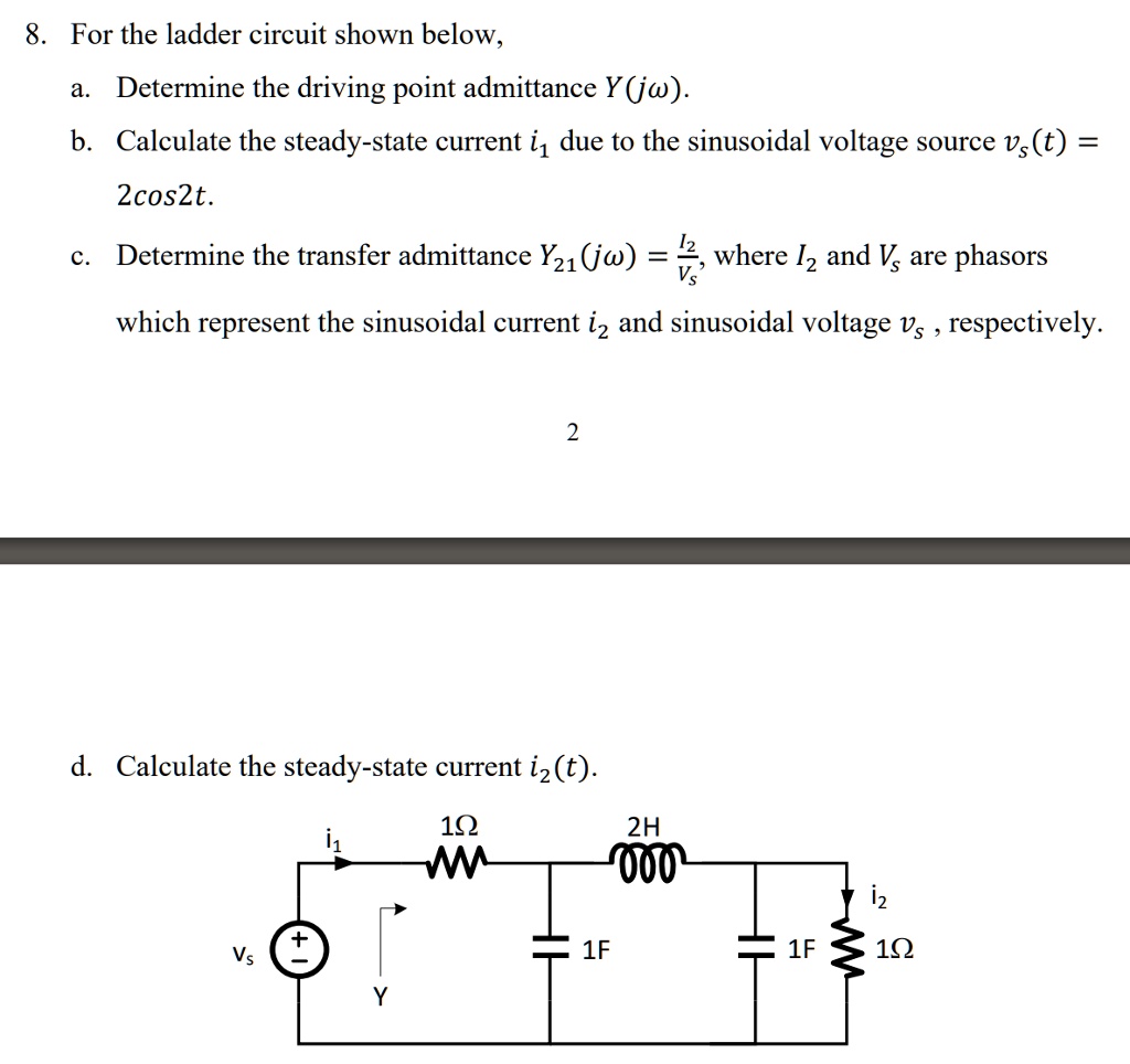 SOLVED: For the ladder circuit shown below: a. Determine the driving point admittance Y(jÏ‰). b ...