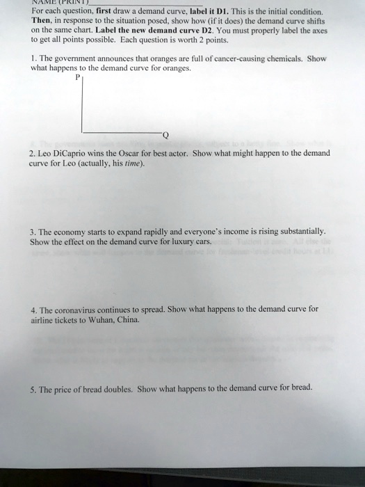 SOLVED: For each question, first draw a demand curve, label it D1. This ...