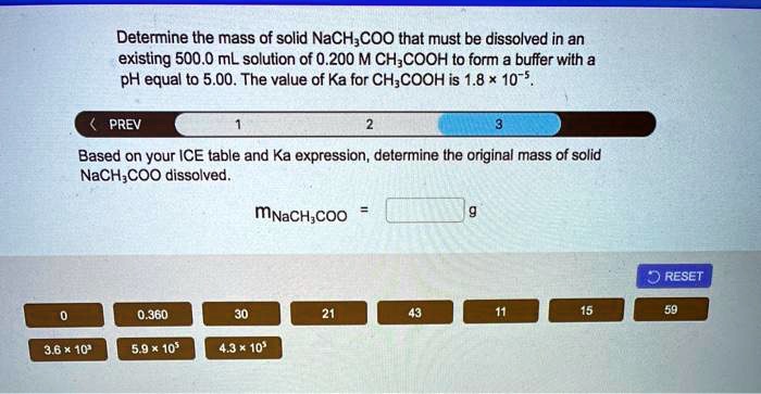 SOLVED: Determine the mass of solid NaCH3COO that must be dissolved in an existing 500.0 mL ...