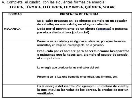 por favor ayudenme completa cuadro con las siguientes formas de energia ...