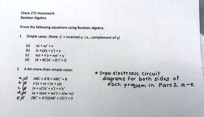 SOLVED: Chem 275 Homework: Boolean Algebra Prove the following ...