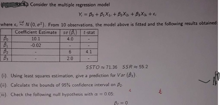SOLVED: Consider the multiple regression model Y = Bo + BXi + BzXzi + B3X3i + Îµ, where Îµ N(0 ...