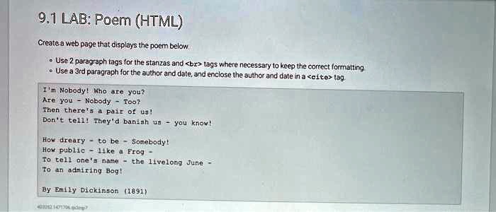 9.1 LAB: Poem (HTML) Create a web page that displays the poem below ...