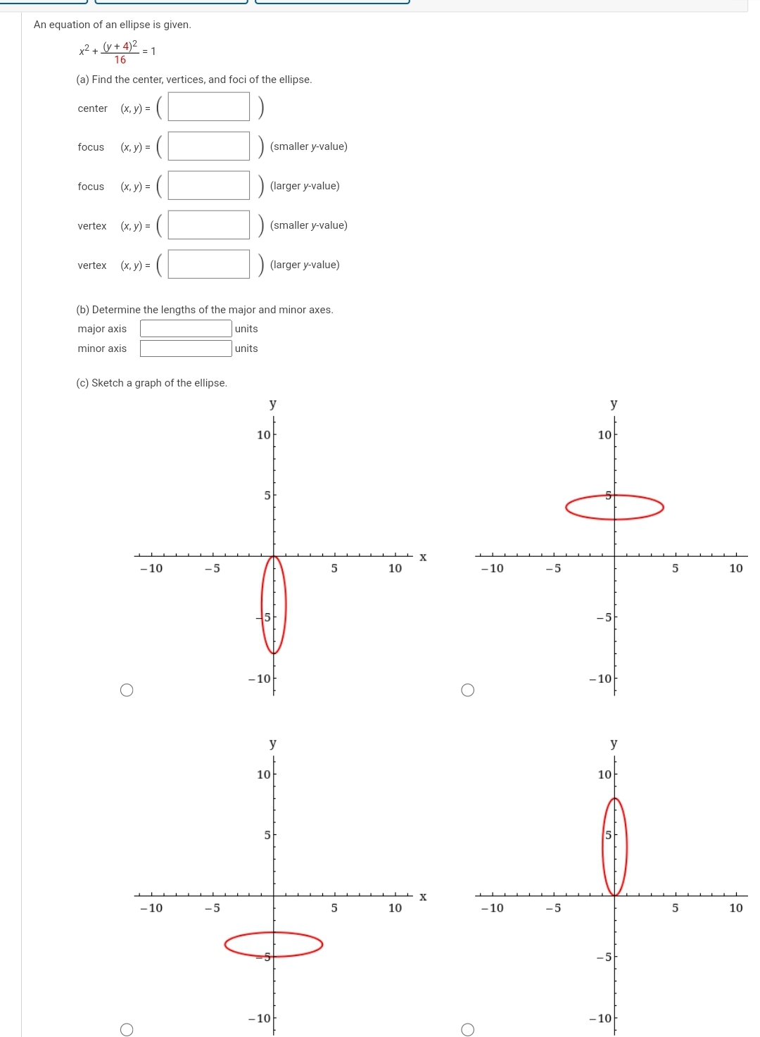 SOLVED: An equation of an ellipse is given. x^2+((y+4)^2)/(16)=1 (a ...