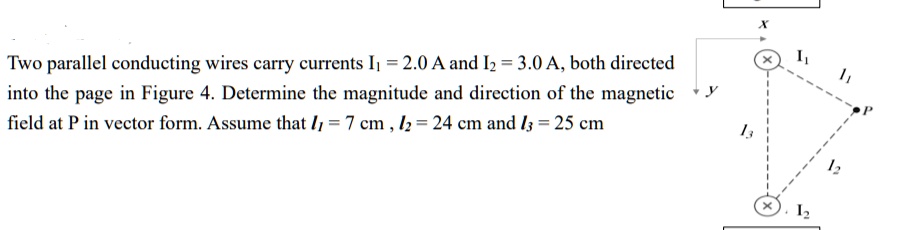 SOLVED: Two parallel conducting wires carry currents I = 2.0 A and Iz ...