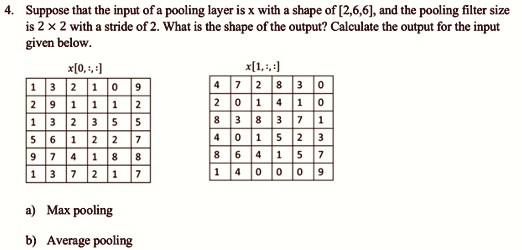 4. Suppose that the input of a pooling layer is x with a shape of [2,6,6], and the pooling ...