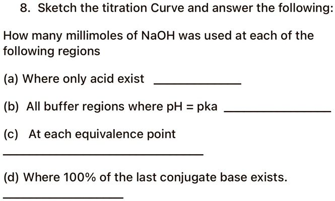 SOLVED: 8 Sketch the titration Curve and answer the following: How many millimoles of NaOH was ...
