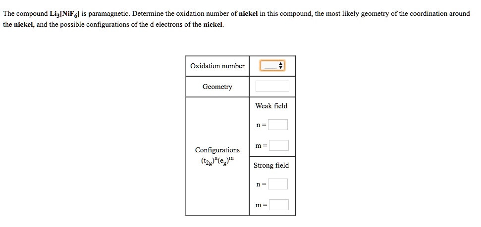 SOLVED: The compound Li;[NiF 6] is paramagnetic. Determine the ...
