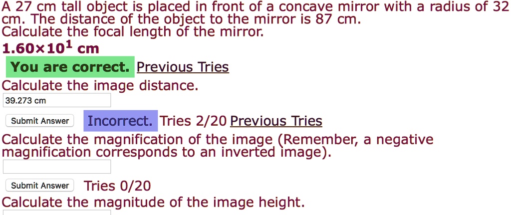 SOLVED: A 27 cm tall object is placed in front of a concave mirror with ...