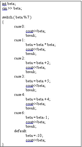 int beta; cin >> beta; switch (beta %7) case 0: cout