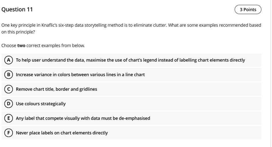 One key principle in Knaflic's six-step data storytelling method is to ...