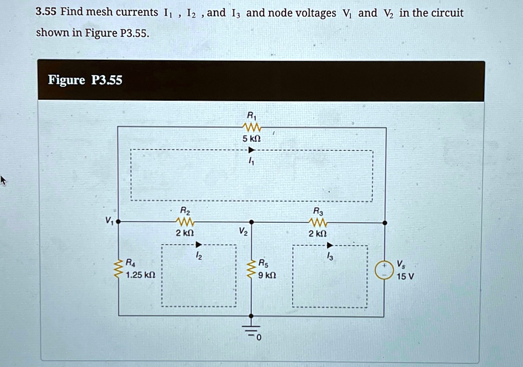 SOLVED: 3.55 Find mesh currents I(1),I(2), and I(3) and node voltages V(1) and V(2) in the ...