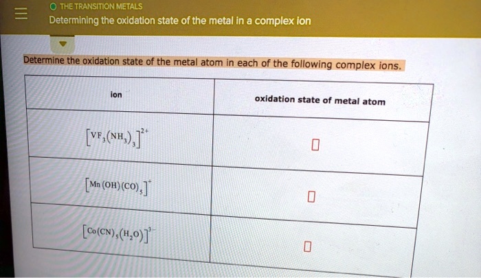 Solved The Transition Metals Determining The Oxidation State Of The
