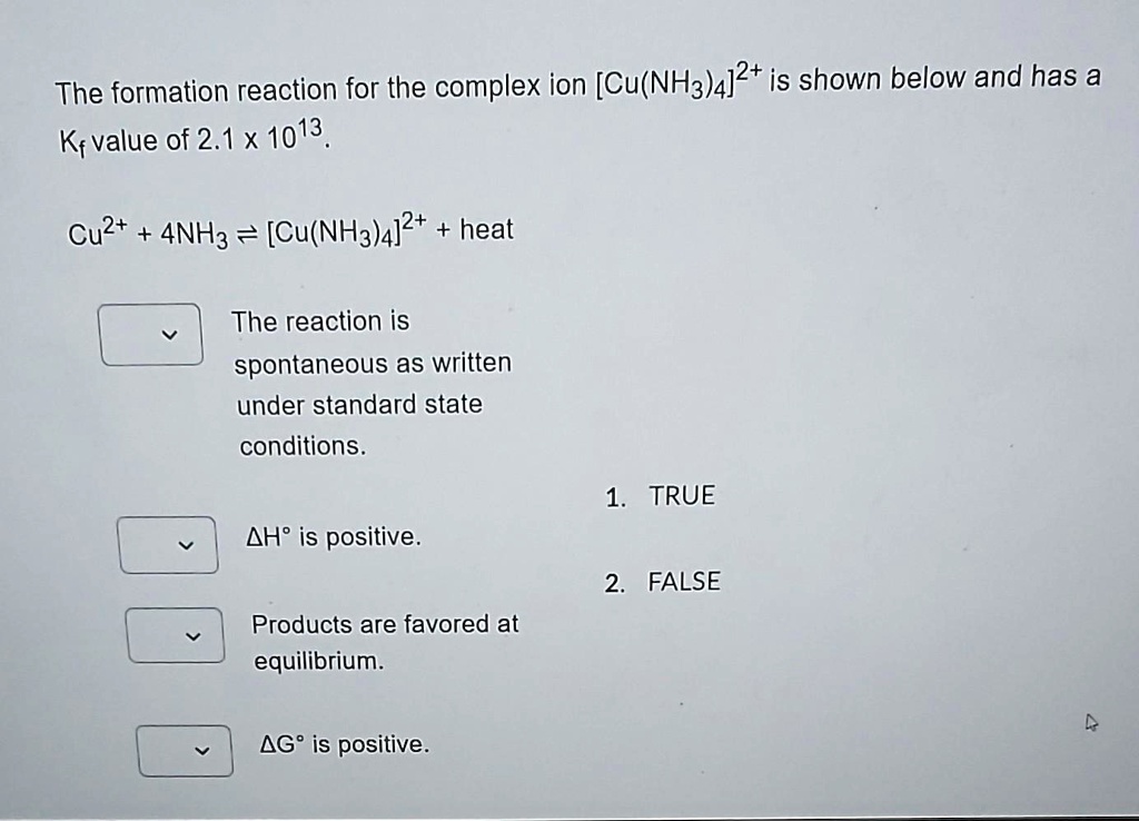 The formation reaction for the complex ion [Cu(NH3)4]^2+ is shown below ...
