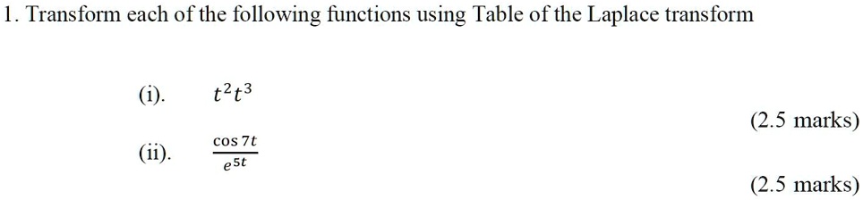SOLVED: l.Transform each of the following functions using Table of the Laplace transform (i ...