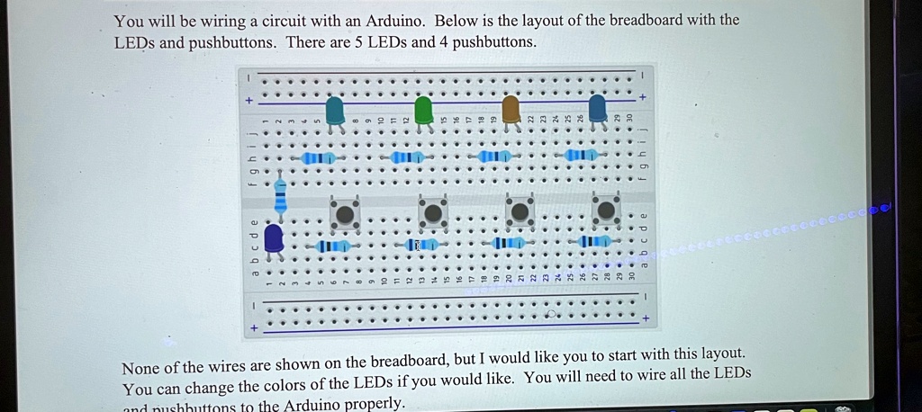 you will be wiring a circuit with an arduino below is the layout of the breadboard with the leds ...