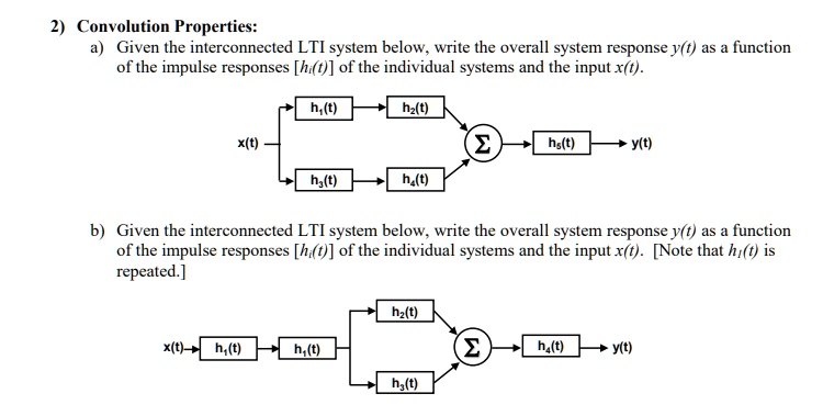 SOLVED: 2)Convolution Properties a) Given the interconnected LTI system below, write the overall ...