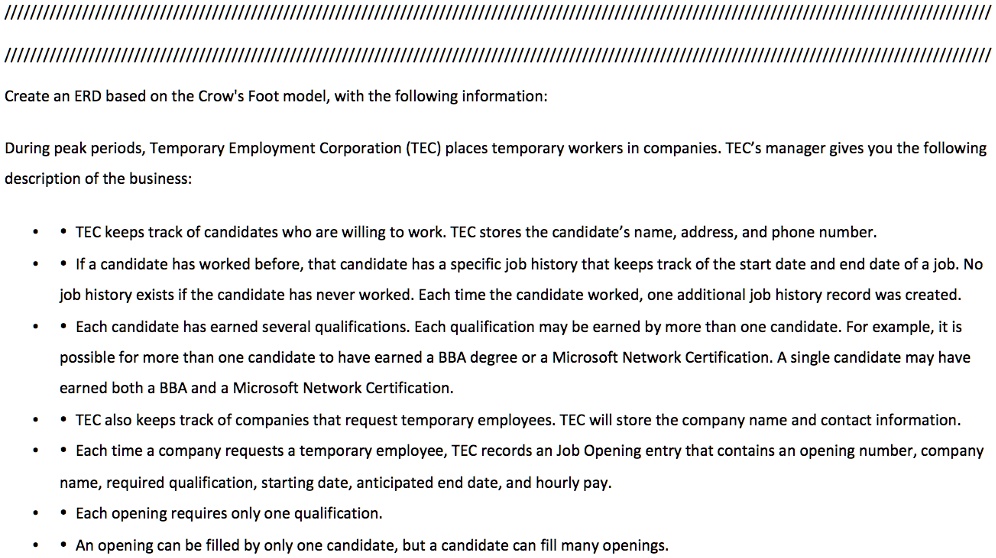 SOLVED: Create a Crow's Foot ERD model using the following information ...