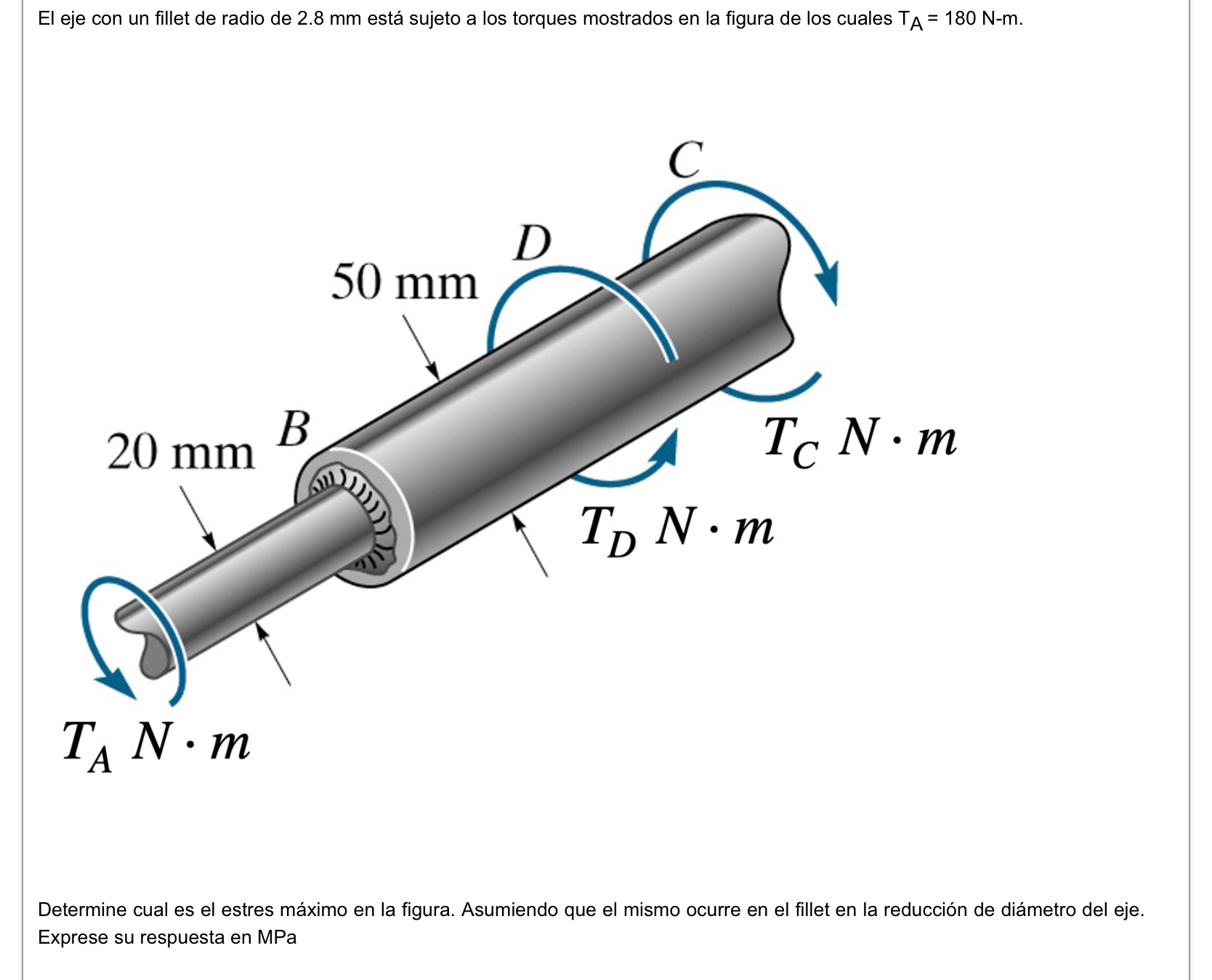 El eje con un fillet de radio de 2.8 mm está sujeto a los torques mostrados en la figura de los ...
