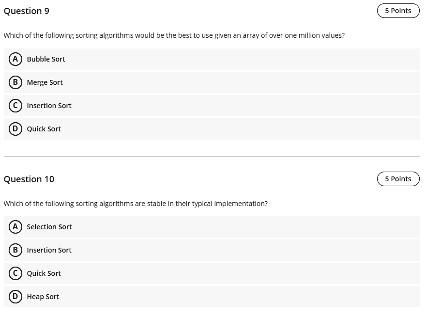 Solved Question 9 Points Which Of The Following Sorting Algorithms 2121