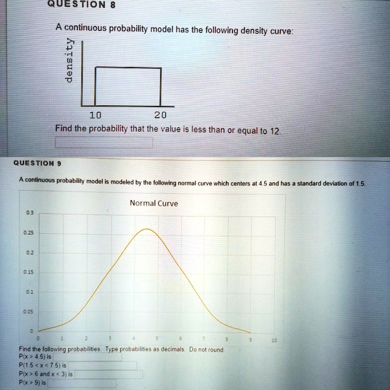 SOLVED: A continuous probability model has the following density curve ...