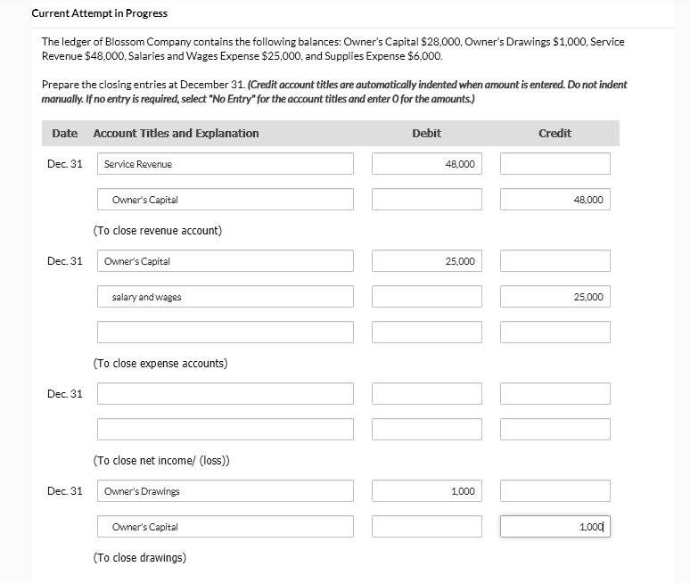 Current Attempt in Progress The ledger of Blossom Company contains the ...