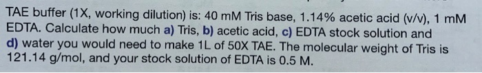 TAE buffer (IX, working dilution) is: 40 mM Tris base, 1.14% acetic ... TAE buffer (IX, working dilution) is: 40 mM Tris base, 1.14% acetic ...