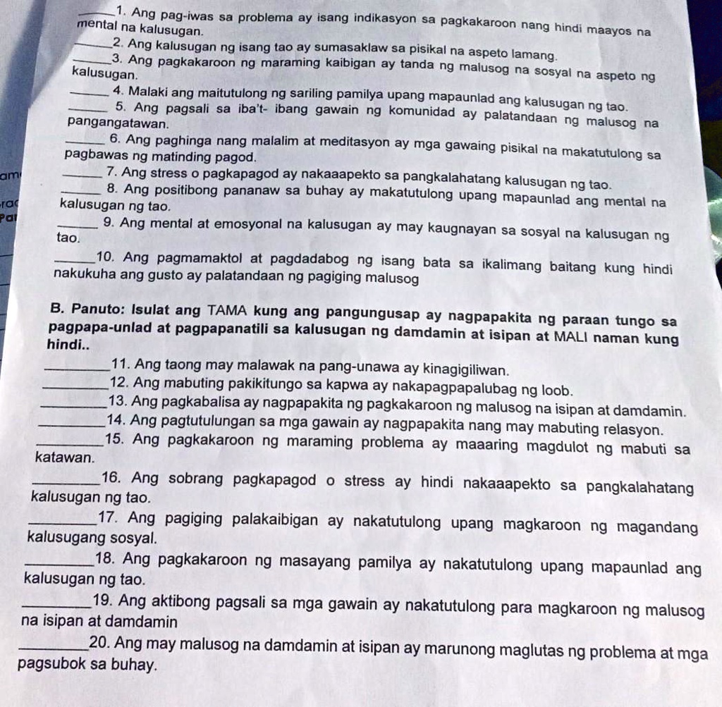 SOLVED: 1 to 20 lang po Tama Mali lang ang pag pipilian Ang pag-iwas sa ...