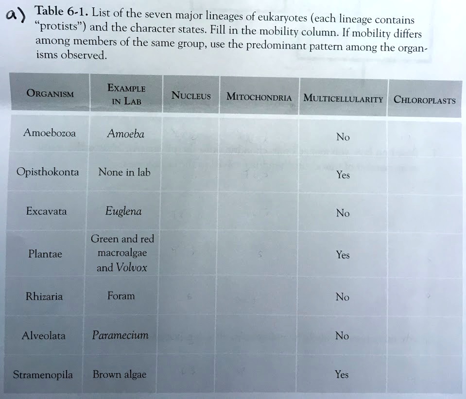 SOLVED: 0 Table 6-1. List of the seven major lineages of eukaryotes ...