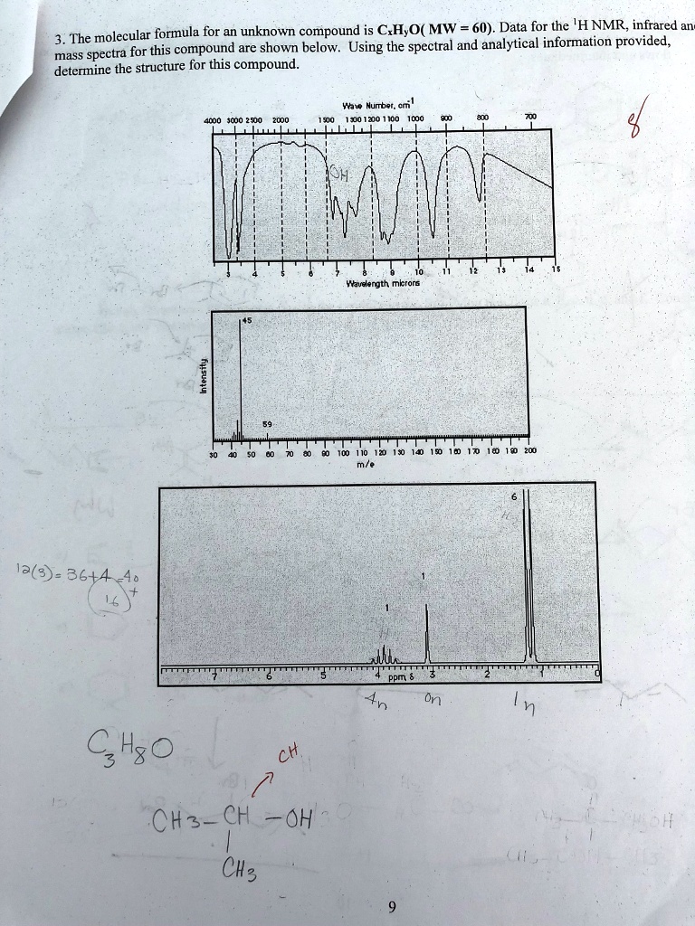 formula for an unknown compound is cho mw 60 data for the h nmr infrared an 3 the molecular fof ...