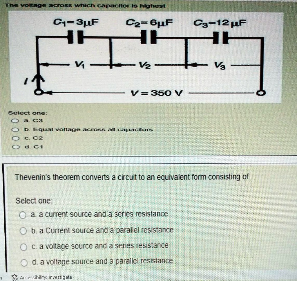 SOLVED: The voltage across which capacitor is highest? C1 = 3uF C2 = 6F C3 = 12F V = 350V Select ...