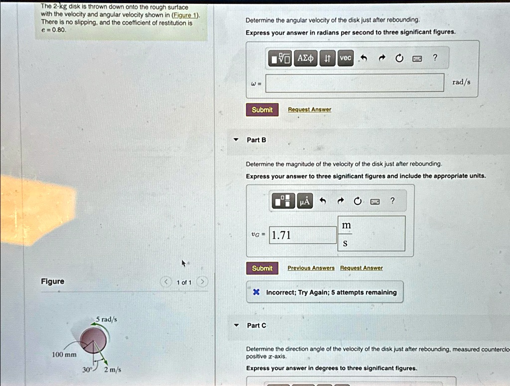 The 2-kg disk is thrown down onto the rough surface with the velocity ...