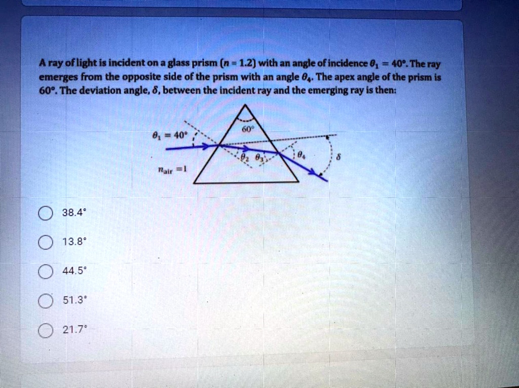 SOLVED:Aray oflight is incident on a glass prism (n 12) with an angle ...