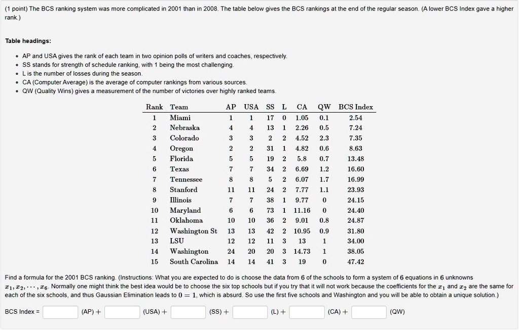 SOLVED: The BCS ranking system was more complicated in 2001 than in ...