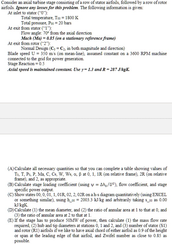 SOLVED: Consider an axial turbine stage consisting of a row of stator airfoils, followed by a ...
