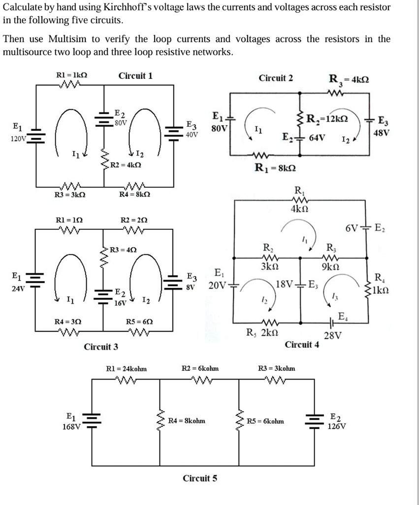 Calculate by hand using Kirchhoff's voltage laws the currents and voltages across each resistor ...