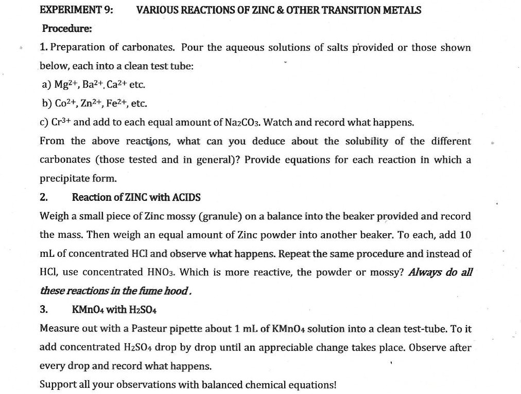 SOLVED: EXPERIMENT 9: VARIOUS REACTIONS OF ZINC OTHER TRANSITION METALS ...
