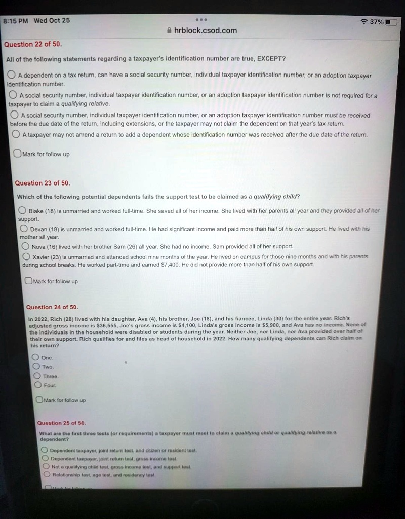 SOLVED: Texts: 8:15 PM Wed Oct 25 ... 37% hrblock.csod.com Question 22 of 50. All of the ...