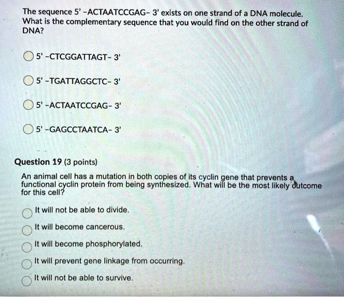 SOLVED: The sequence 5' ACTAATCCGAG - 3' exists on one strand of a DNA molecule What is the ...